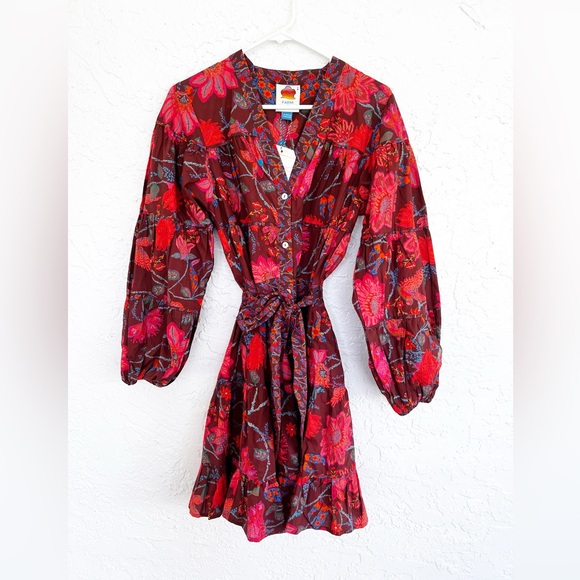 FARM Rio | Dresses | Farm Rio Red Floral Button Down Flare Mini Dress ...